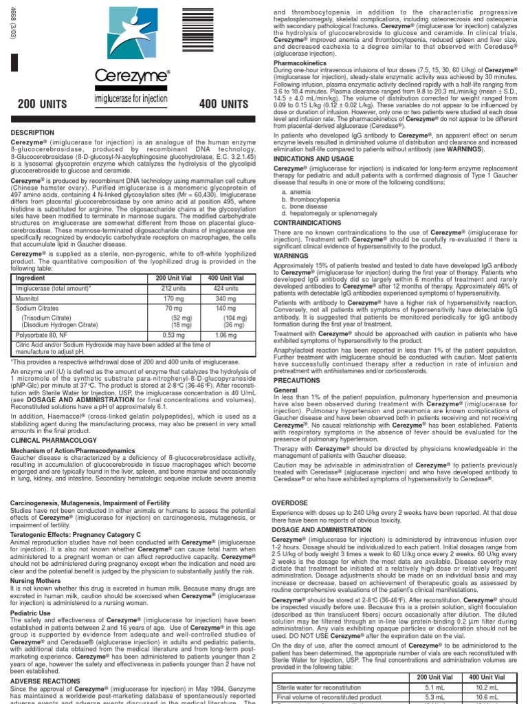 Cerezyme of Genzyme | PDF | Adverse Effect | Intravenous Therapy