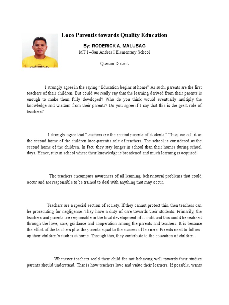 Loco Parentis Towards Quality Education: By: Roderick A. Malubag | PDF