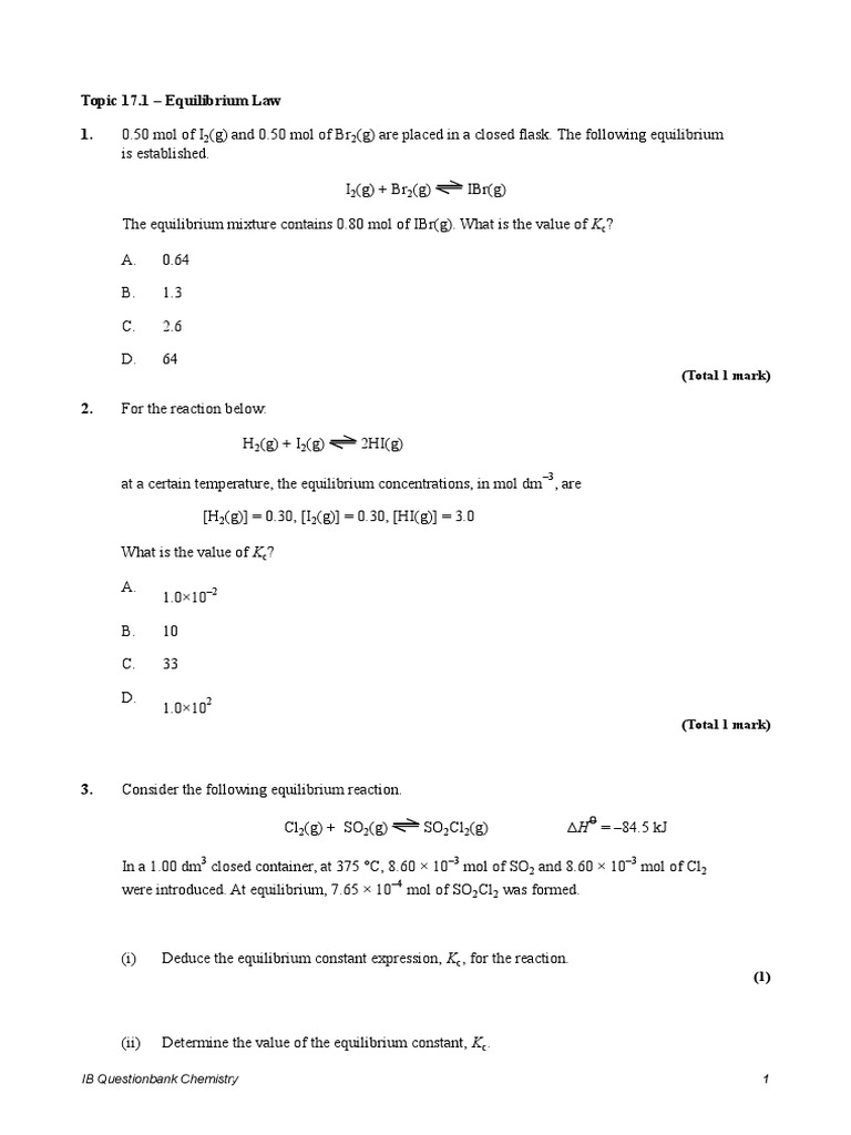 Topic 17 1 - Equilibrium Exam Questions | PDF | Chemical Equilibrium ...
