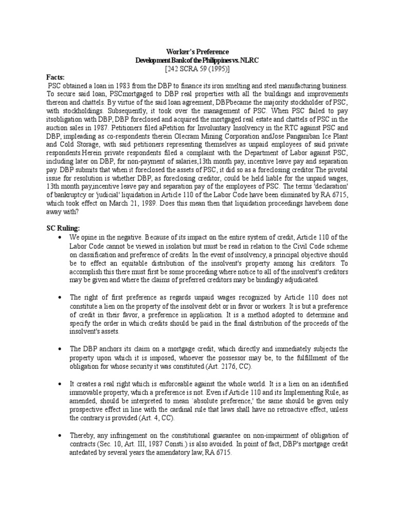 Worker's Preference Development Bank of The Philippines vs. NLRC Facts ...