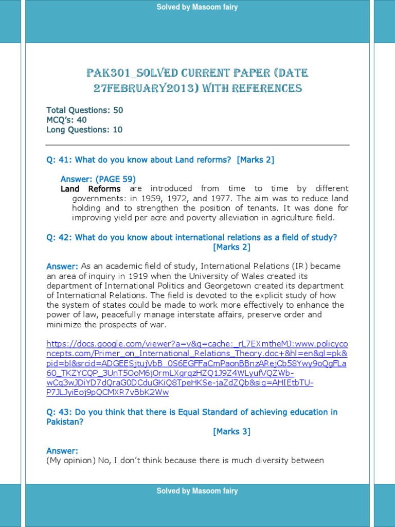 Pak301 Current Paper Solved by .Masoom Fairy | PDF | International ...