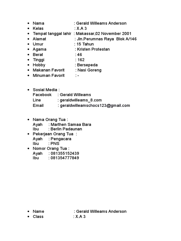 Contoh Biodata Pelajar Dalam Bahasa Inggris - GaugeqoGomez