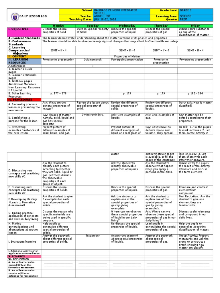 G5 - DLL - Classification of Matter | PDF | Gases | Educational Assessment