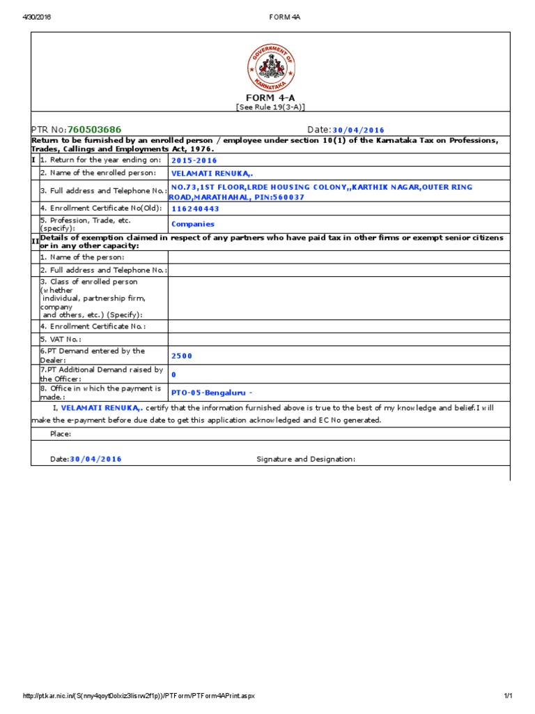 Filing Form 4A for Professional Tax | PDF