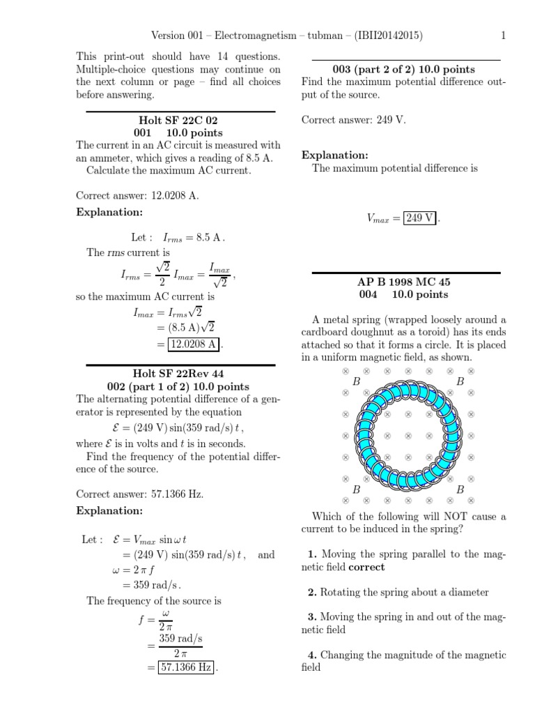 Electromagnetism Exam Questions and Answers | PDF | Electromagnetic ...