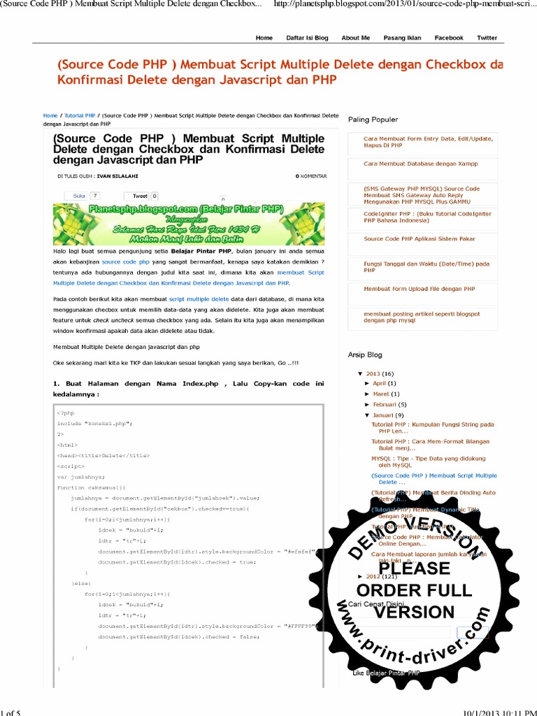 Source Code Php Membuat Script Multiple Delete Dengan Checkbox Dan