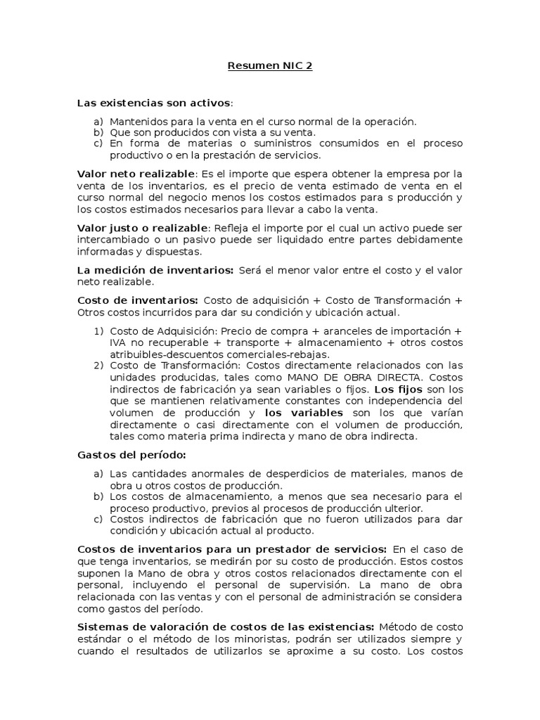 Resumen sobre Inventarios NIC 2 | PDF | Costo | Ciencias económicas