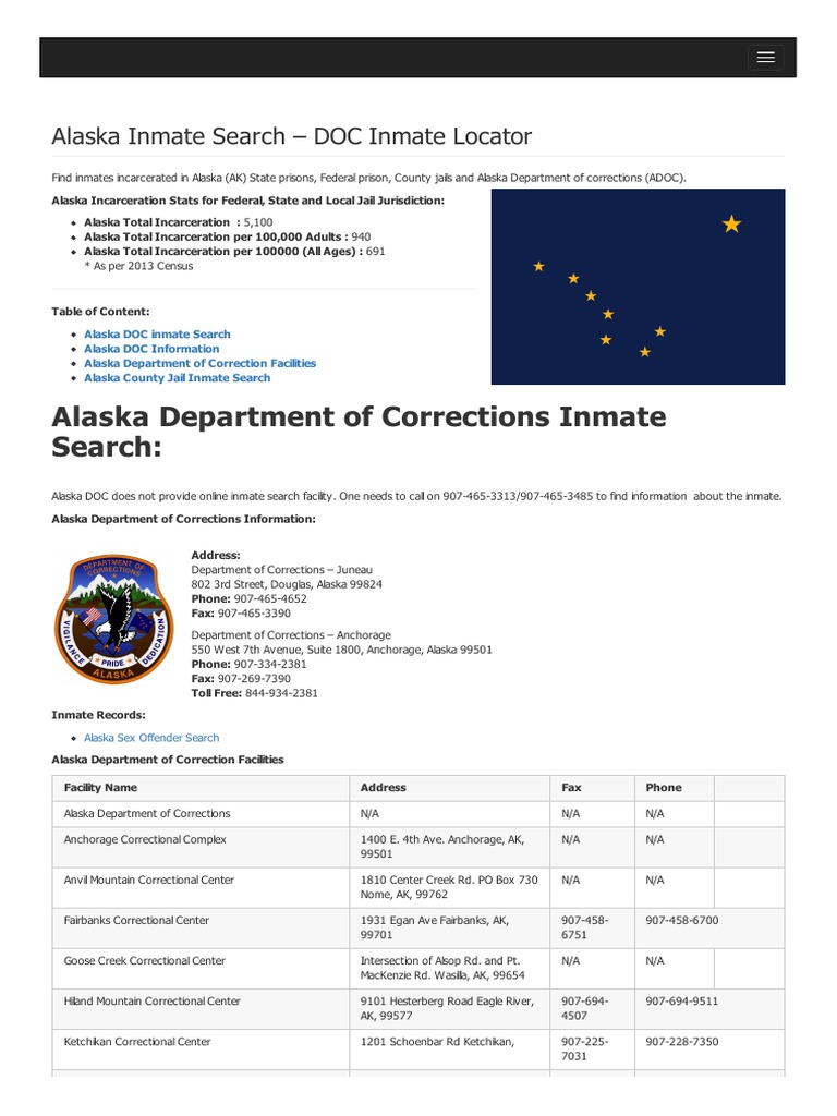 Alaska Inmate Search Department of Corrections Lookup | PDF | Alaska ...