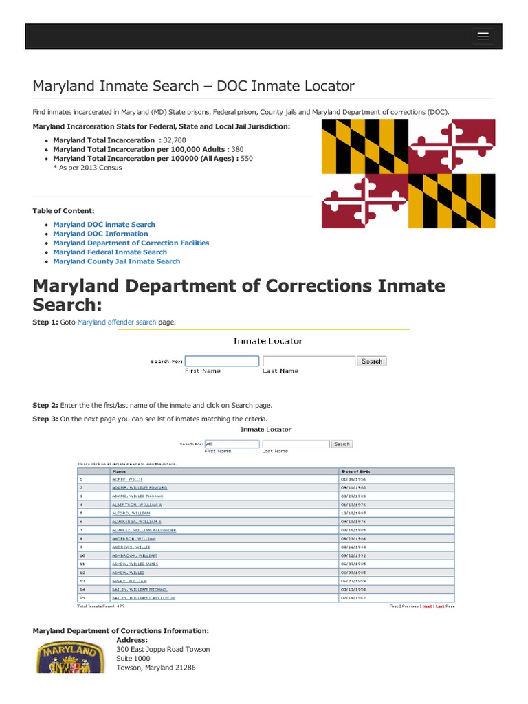 Maryland Inmate Search Department of Corrections Lookup | PDF ...