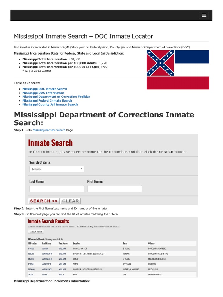 Mississippi Inmate Search Department of Corrections Lookup | PDF ...