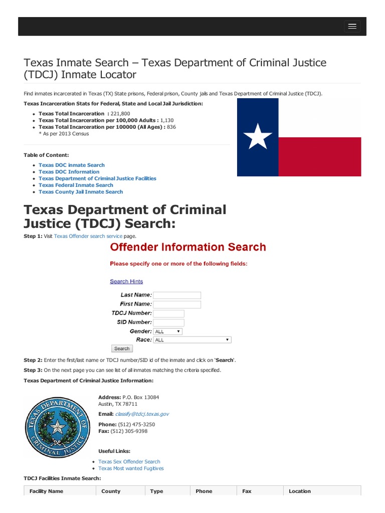 Texas Inmate Search Texas Department of Criminal Justice TDCJ Inmate ...