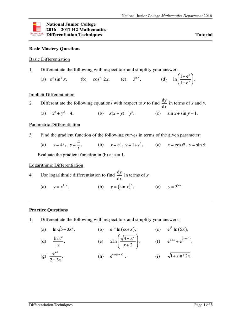 05 2016 - 2017 H2 Maths Differentiation Techniques Tutorial | PDF | Derivative | Theoretical Physics