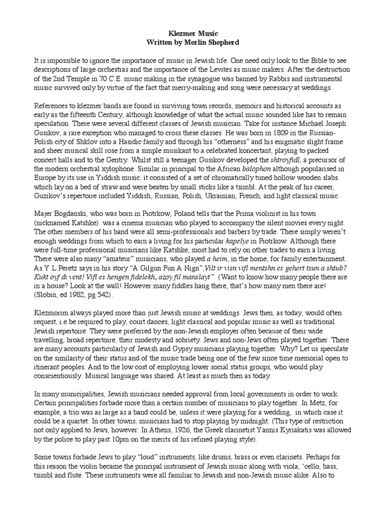 History and Characteristics of Klezmer Music | PDF