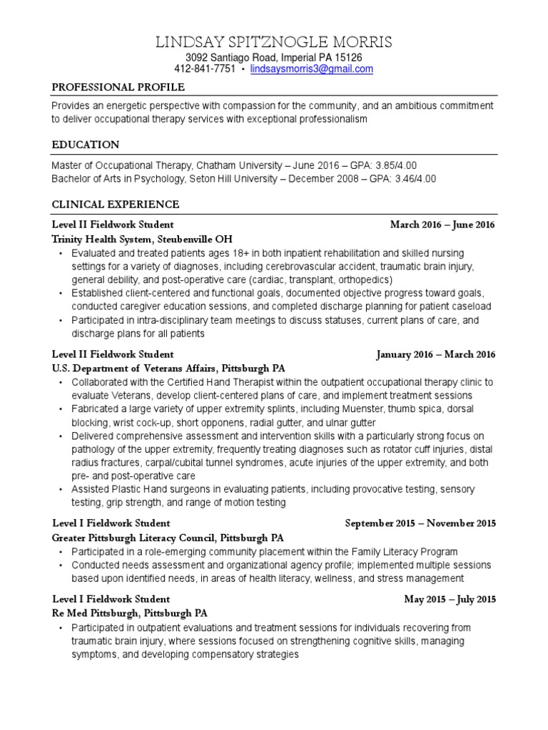 Spitznoglemorrisresume | PDF | Occupational Therapy | Patient