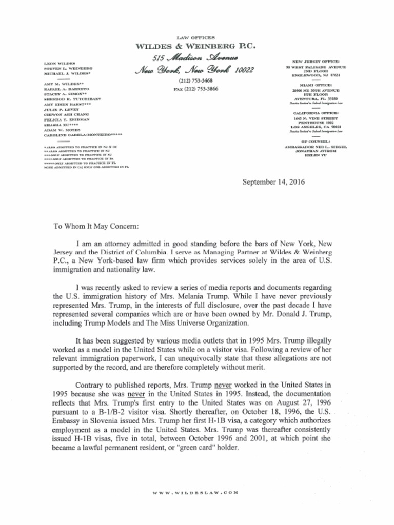Melania Trump Immigration Letter | PDF