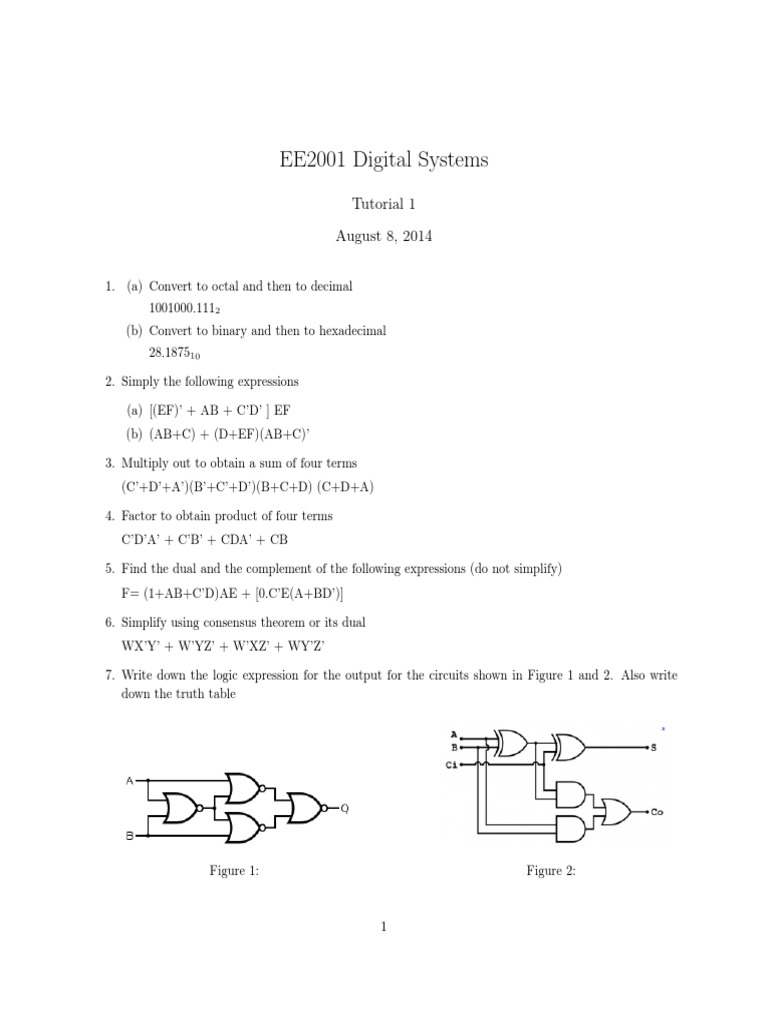 EE2001 Digital Systems: Tutorial 1 August 8, 2014 | PDF