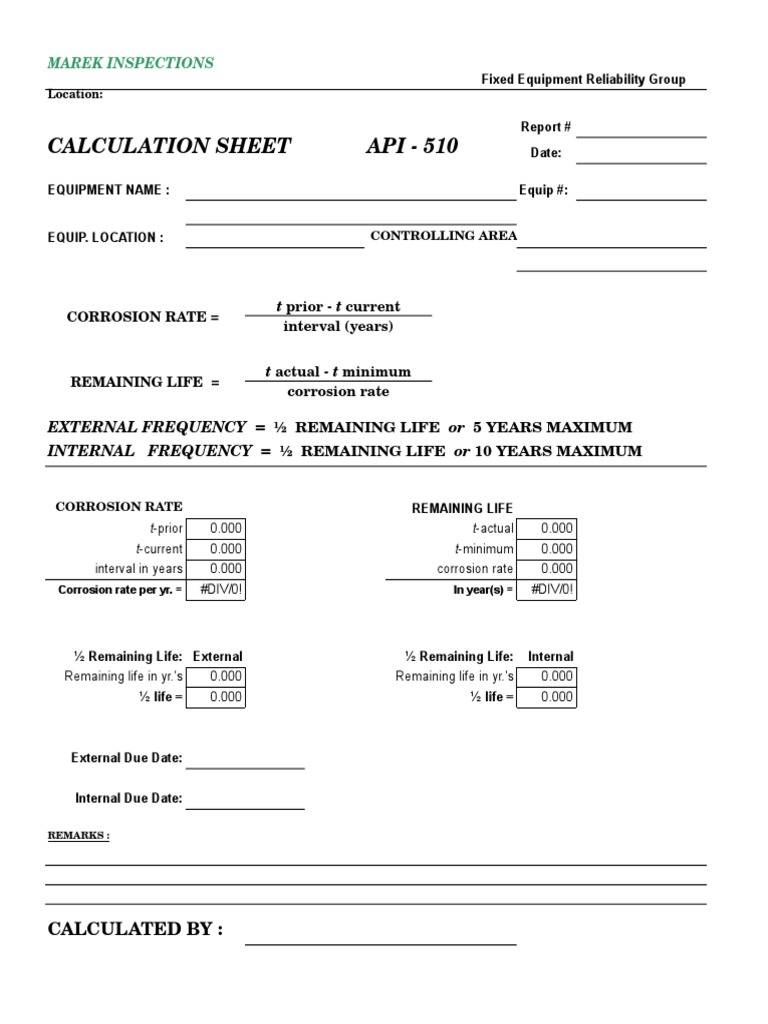 Calculation Sheet API - 510: Marek Inspections | PDF