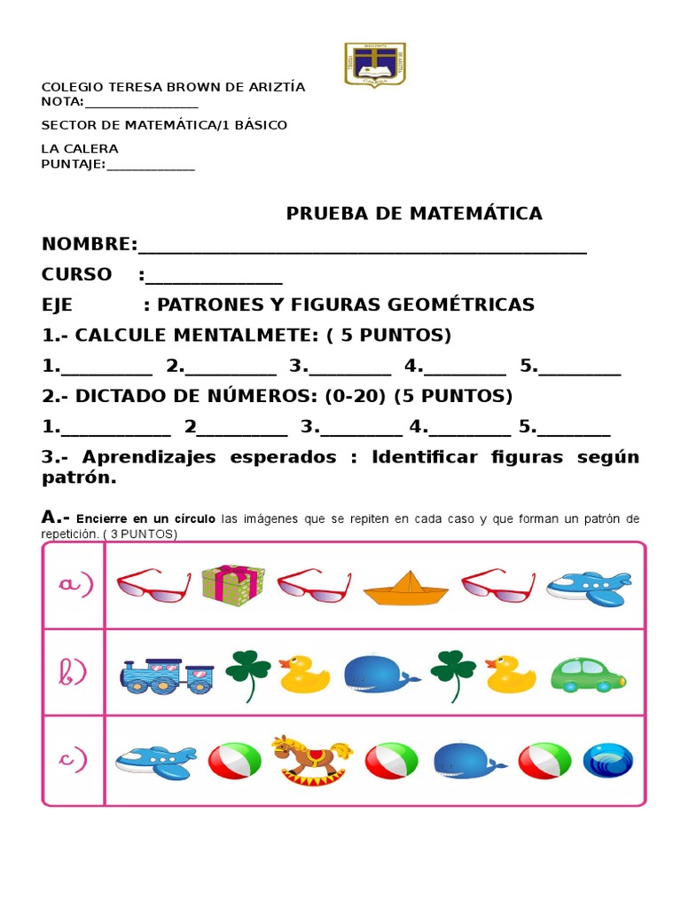 Prueba de Patrones Geométricos 1 Basico | PDF | Geometría | Enseñanza ...