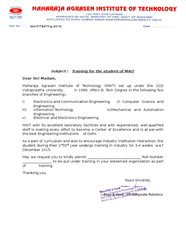Subject: Training For The Student of MAIT: Dear Sir/ Madam | PDF