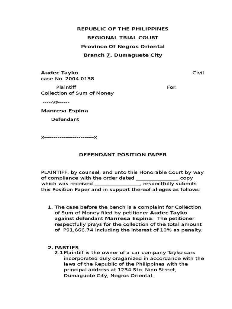 Defendant Position Paper | Defendant | Complaint
