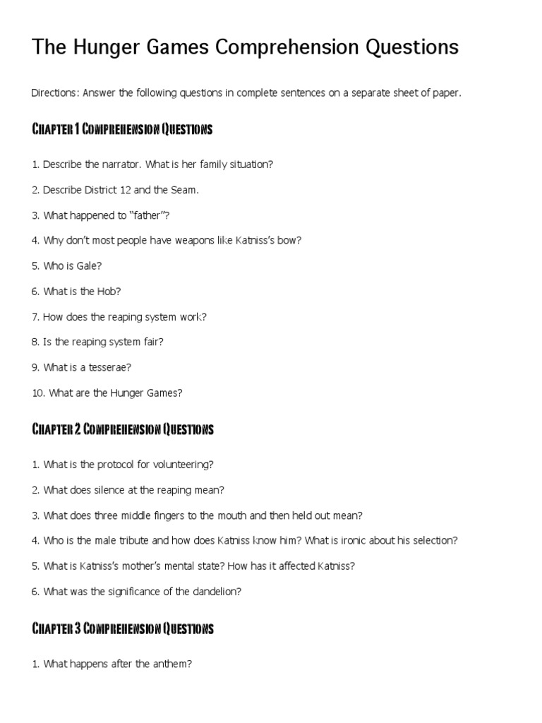 Hunger Games Chapter Comprehension Guide | PDF | The Hunger Games ...