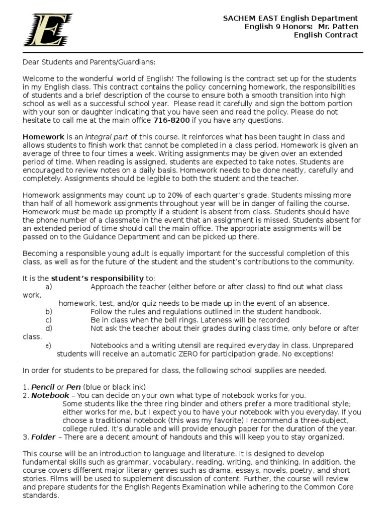 English 9 Honors Class Contract | PDF | Homework | Further Education