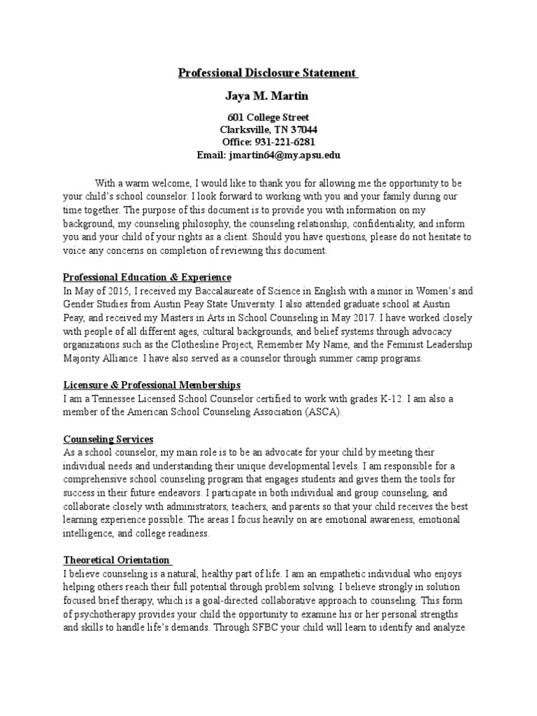 Professional Disclosure Statement | PDF | School Counselor ...