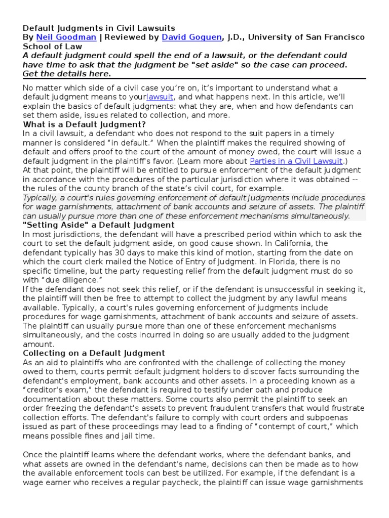 Default Judgments in Civil Lawsuits | PDF | Default Judgment | Lawsuit