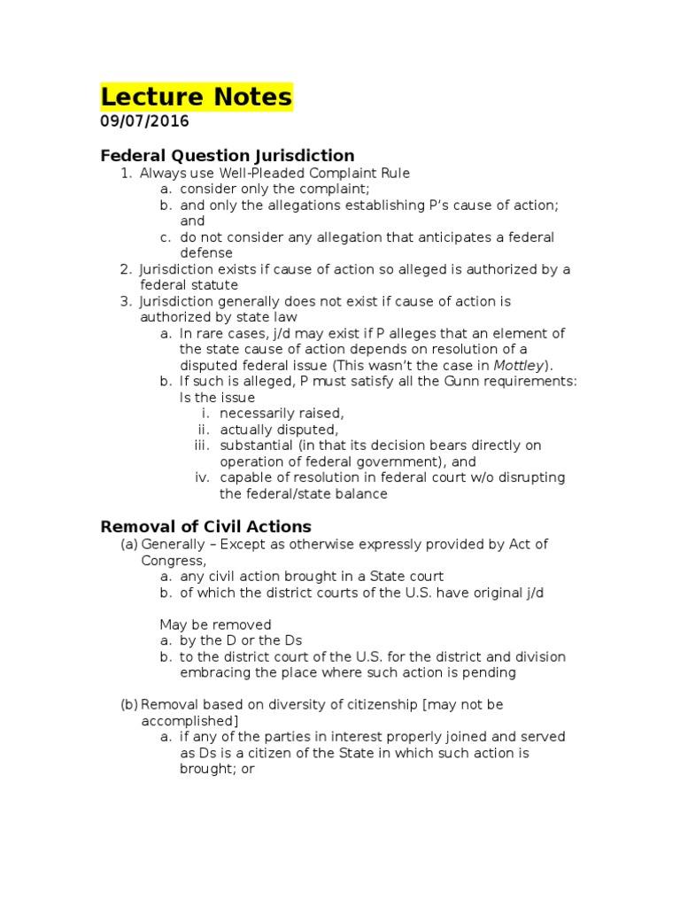 Lecture Notes: Federal Question Jurisdiction | PDF