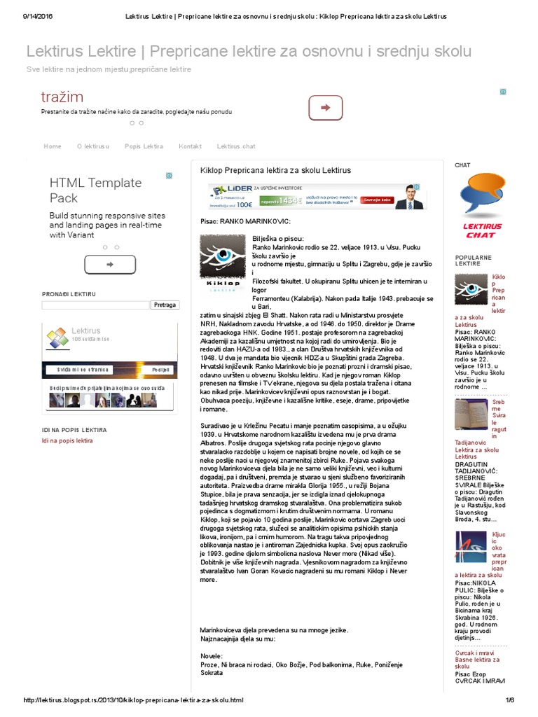 Lektirus Lektire - Prepricane Lektire Za Osnovnu I Srednju Skolu - Kiklop Prepricana Lektira Za ...