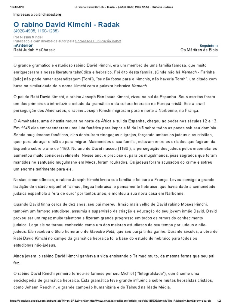 O Rabino David Kimchi - Radak | PDF | Judeus | Idioma hebreu