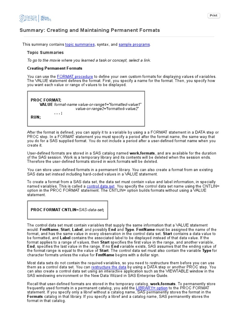 Summary: Creating and Maintaining Permanent Formats: Topic Summaries | PDF | Sas (Software ...