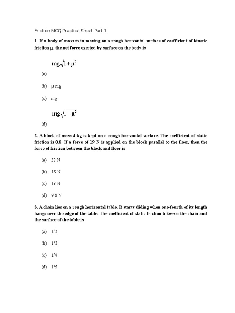 Class 8 Friction MCQ Practice Sheet | PDF | Friction | Physics