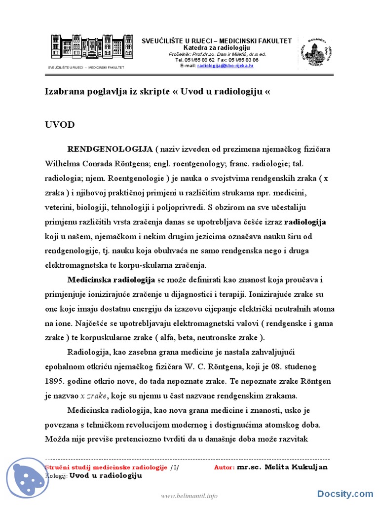 Uvod U Radiologiju Skripta Radiologija Medicina PDF | PDF
