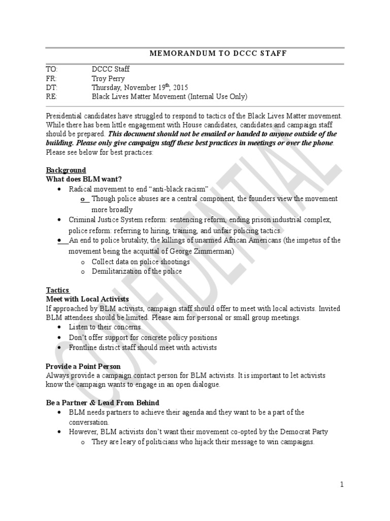 2015 11 19 DCCC Staff BLM Memo | PDF | Black Lives Matter | Justice