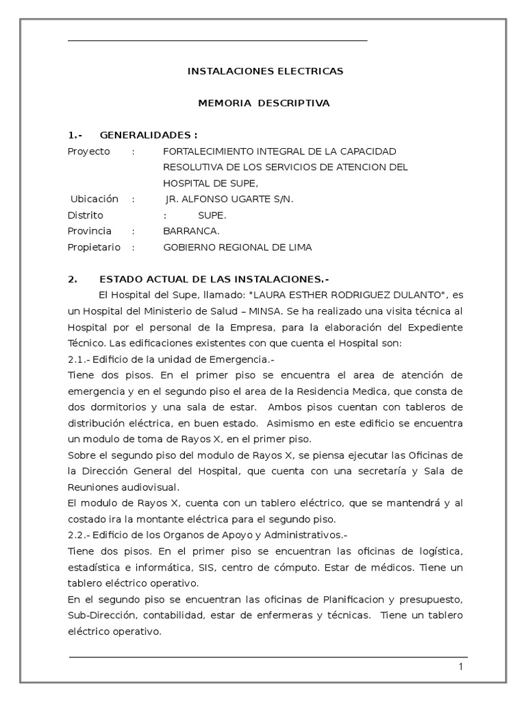 Memoria Descriptiva Inst. Electricas Hospital de Supe 2011 | PDF | Ascensor | Enchufes y tomas ...