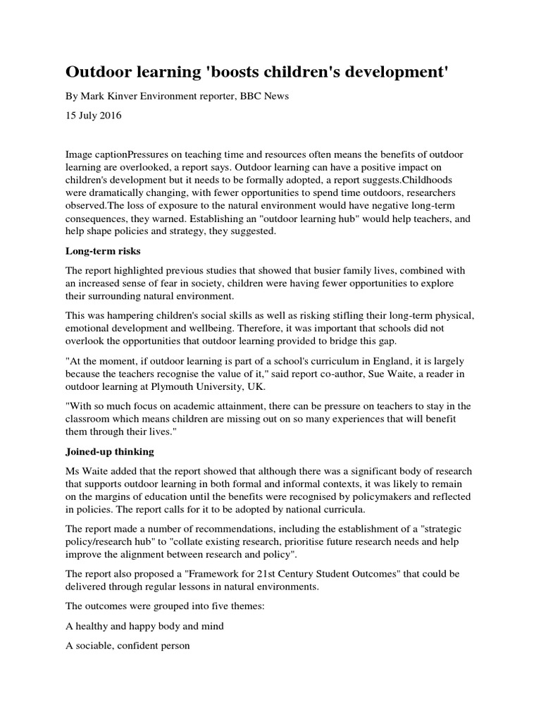 The Benefits of Outdoor Learning: A Framework for Incorporating Outdoor ...