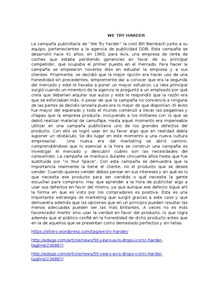 La campaña "We Try Harder" de Avis | PDF | Publicidad | Producto (Negocio)