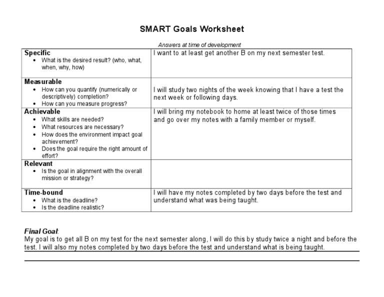 Smart Goals Worksheet | PDF