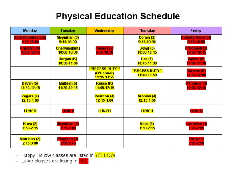 Weekly Physical Education Schedule | PDF