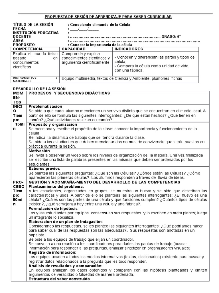 Sesion Sobre La Celula - Sexto Grado | PDF