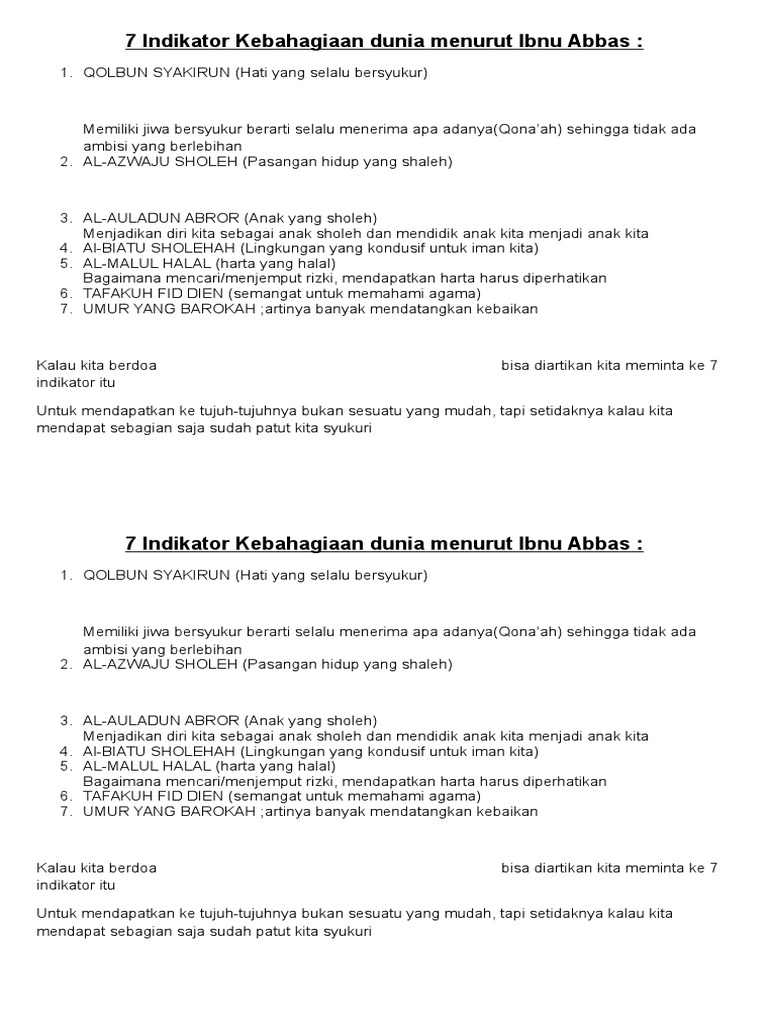 7 Indikator Kebahagiaan Dunia Menurut Ibnu Abbas | PDF