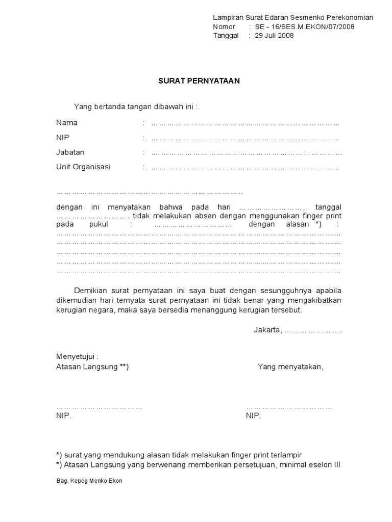 Surat Pernyataan Lupa Absen Fingerprint | PDF | Olahraga & Rekreasi