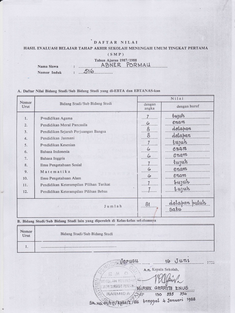 Lembar Belakang Ijazah SMP | PDF