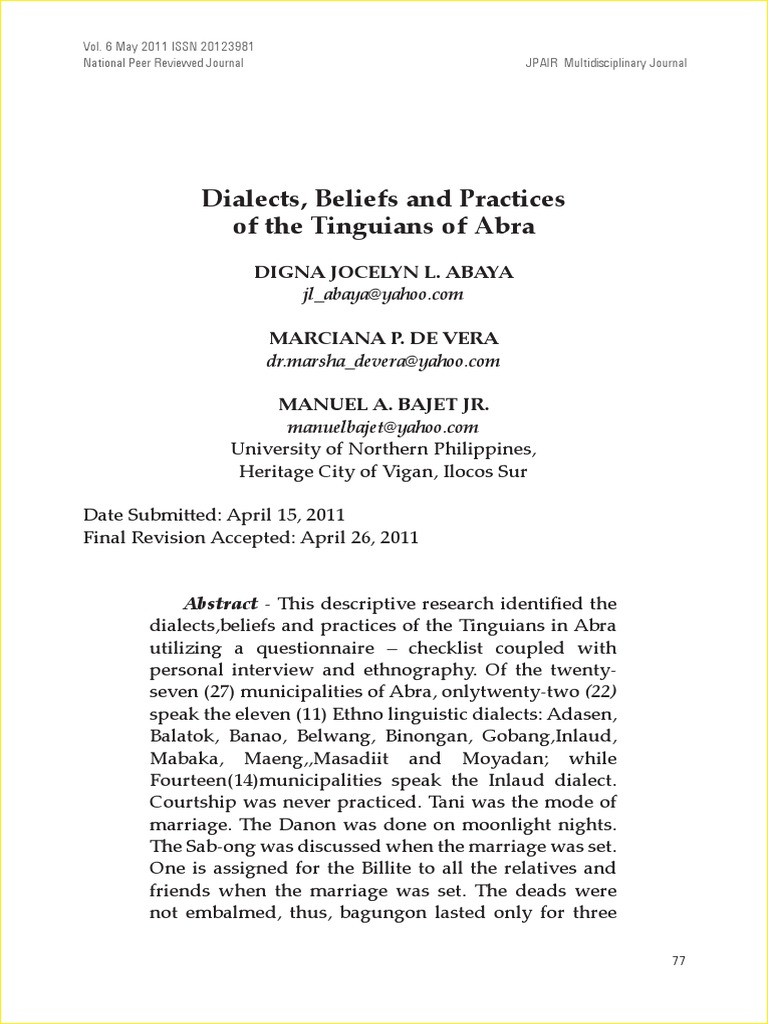 Dialects Beliefs and Practices of The Tinguians of Abra 1325756676 PDF ...