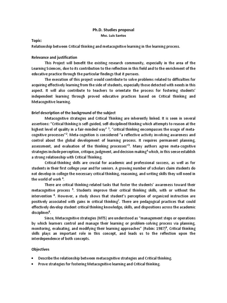 Research Proposal Critical Thinking And Metacognitive Learning Relationship Pdf