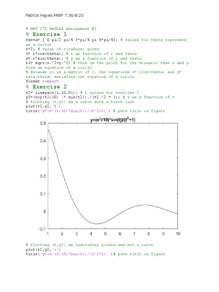 Mat 275 Matlab Assignment #1 | PDF | Function (Mathematics ... Mat 275 Matlab Assignment #1 | PDF | Function (Mathematics ...