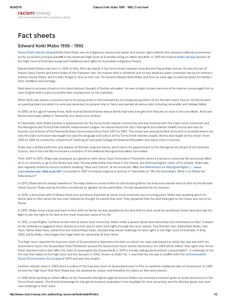 Mabo: Indigenous Land Rights Pioneer | PDF | Indigenous Australians ...