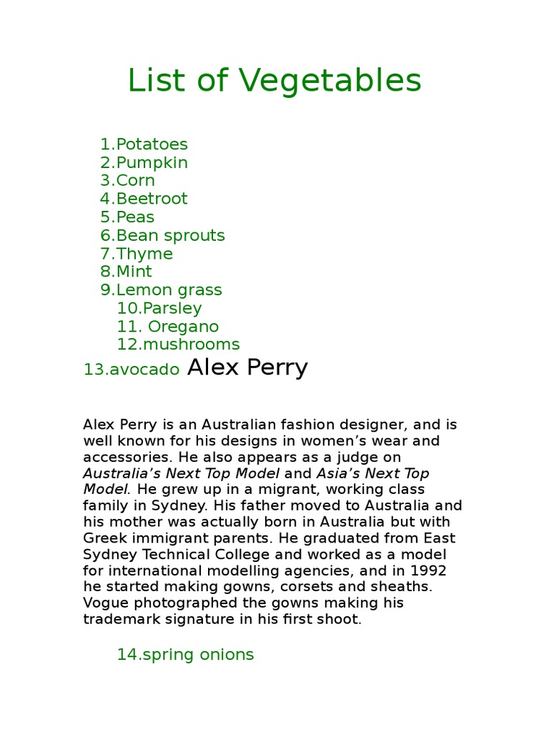 List of Vegetables: Alex Perry | PDF | Home & Garden