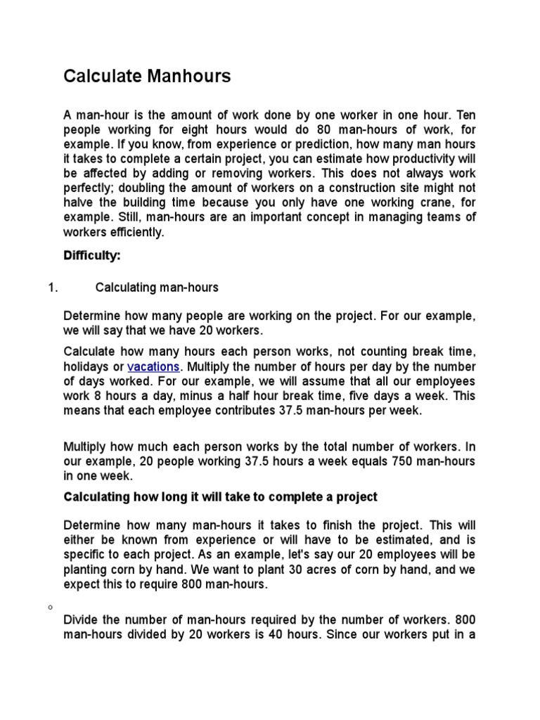 Calculate Manhours | PDF | Man Hour | Employment